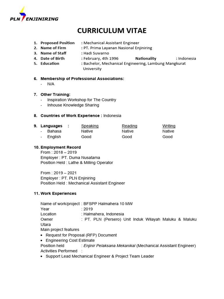 CV (English) | PDF | Request For Proposal | Power (Physics)