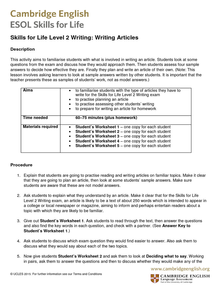 Skills For Life Level 2 From 2015 Writing Articles Document | PDF ...