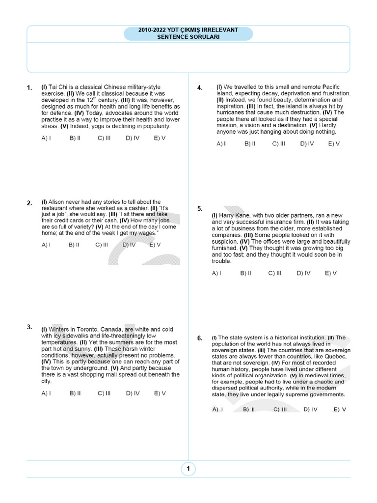 2010-2022 Ydt Çikmiş Irrelevant Sentence Sorulari | PDF