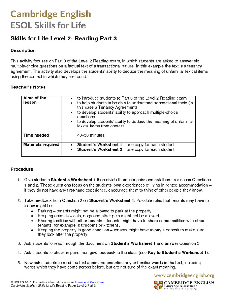 Skills For Life Level 2 From 2015 Reading Part 3 Document | PDF ...