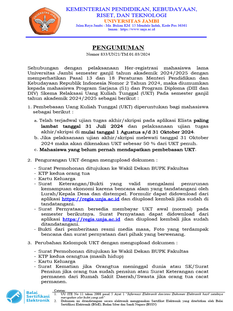 Pengumuman Relaksasi UKT Mahasiswa Lama Surat 833 - UN21 - TM.01.03 ...