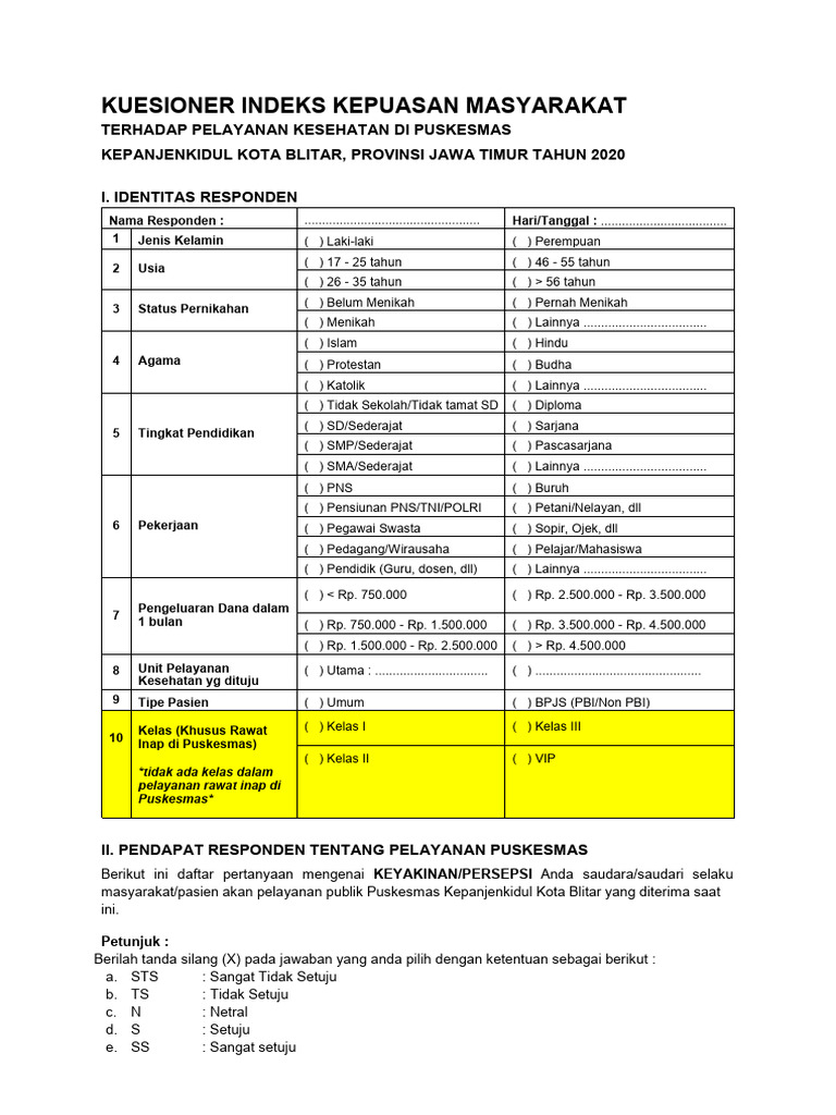 KUESIONER INDEKS KEPUASAN MASYARAKAT TERHADAP PUSKESMAS | PDF