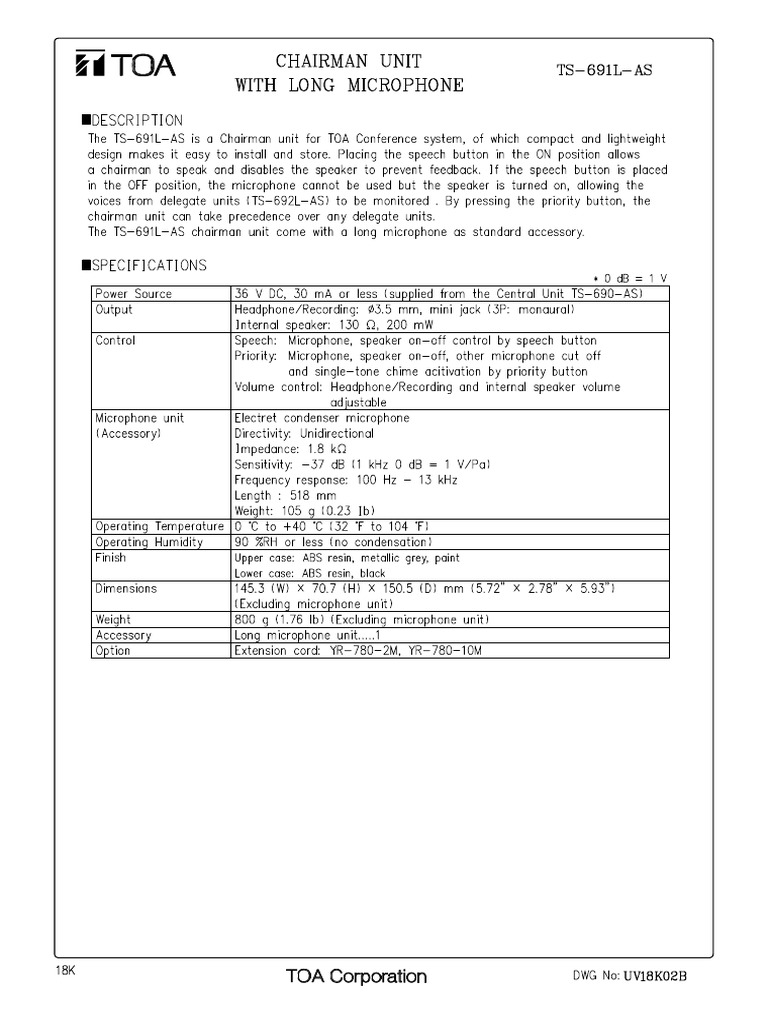 Ts 691l Chairman Unit With Long Microphone Specification | PDF