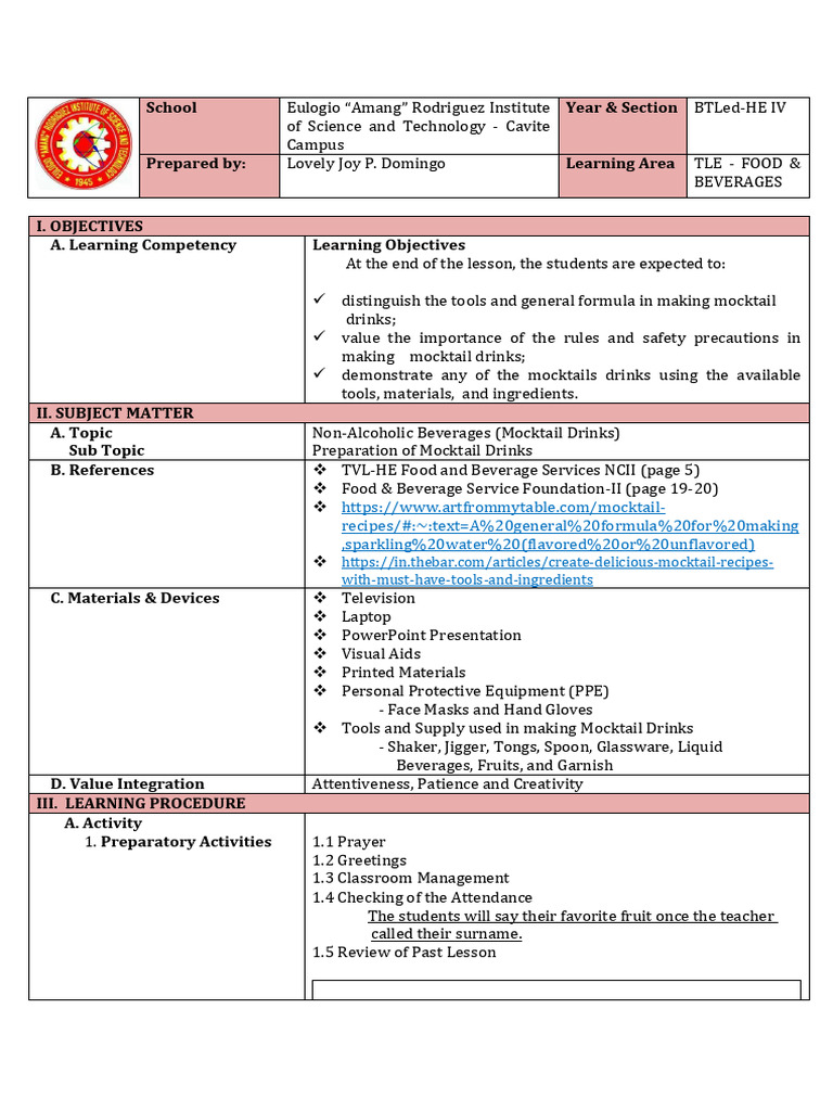 Domingo - Lesson Plan 1 | PDF | Cocktails | Drink