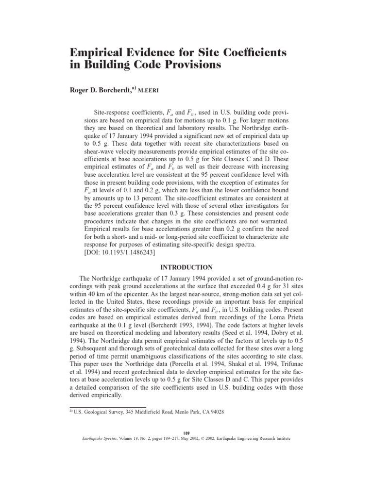 Borcherdt 2002 Empirical Evidence For Site Coefficients in Building ...