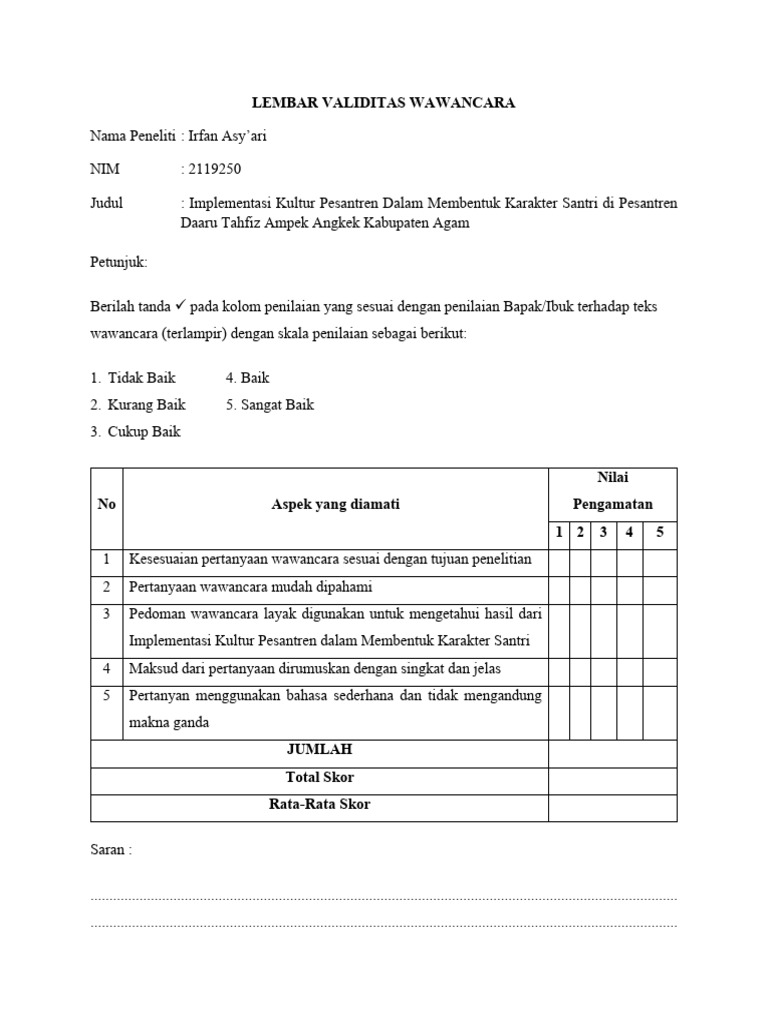 LEMBAR VALIDITAS WAWANCARA Irfan | PDF