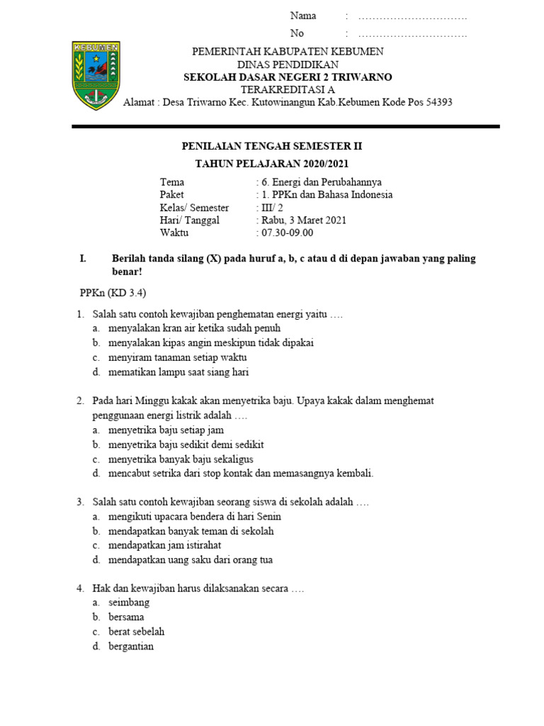 Penilaian Tengah Semester Energi SD III | PDF | Sains & Matematika