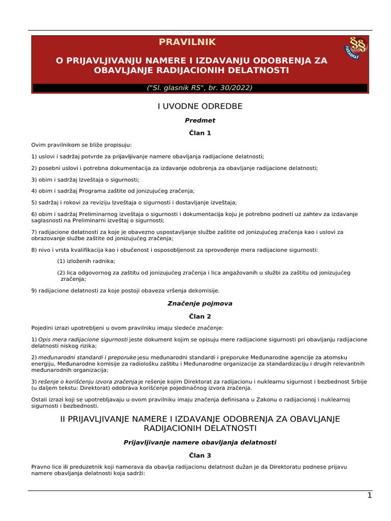 Pravilnik o Prijavljivanju Namere I Izdavanju Odobrenja Za Obavljanje Radijacionih Delatnosti | PDF