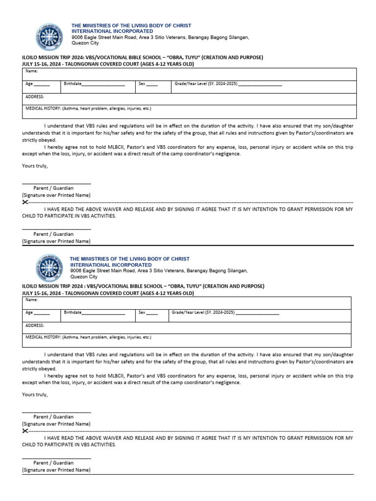 VBS 2024 Pre-Reg Template and Waiver | PDF