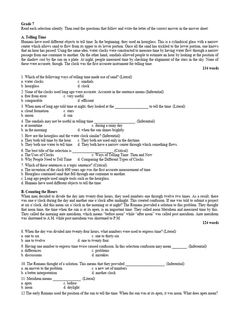 Grade 7 Reading Comprehension Quiz | PDF | Clock