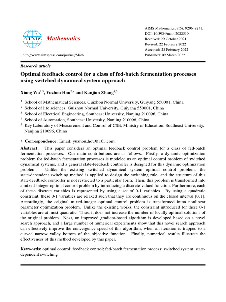 Optimal Feedback Control For A Class of Fed-Batch Fermentation Processes Using Switched ...