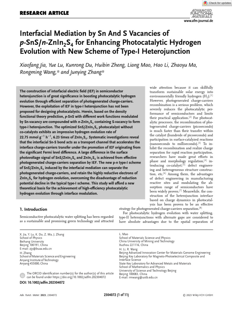 Adv Funct Materials - 2023 - Jia | PDF | X Ray Photoelectron Spectroscopy | Heterojunction