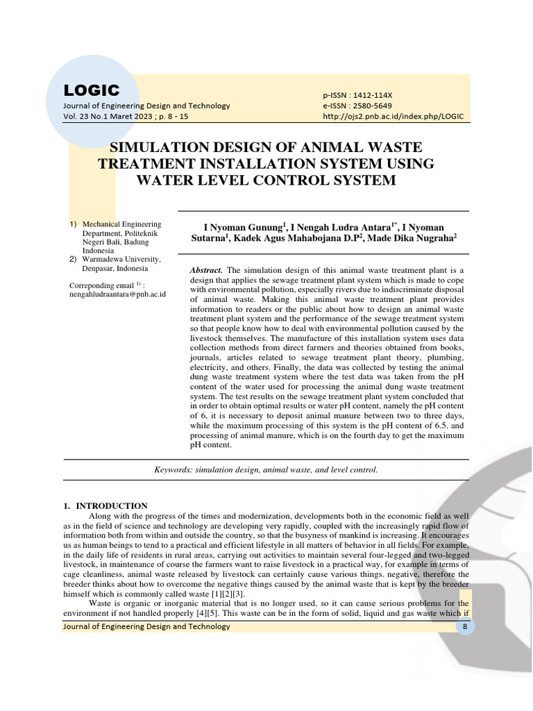 Logic: Simulation Design of Animal Waste Treatment Installation System Using Water Level Control ...