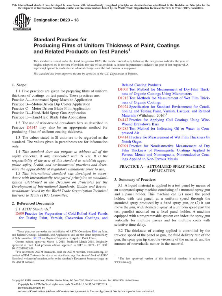 D823-18 Standard Practices For Producing Films of Uniform Thickness of ...