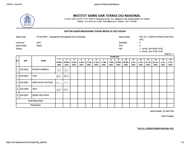 30-Maret-2024.Absen Mhs MK Peningkatan Mutu (TMP) - 1 | PDF
