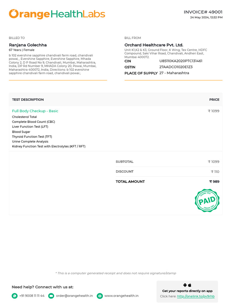 Invoice for Full Body Checkup Services | PDF | Medical Specialties ...