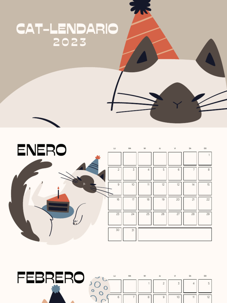 Calendario Gatos Ilustrado Beige | PDF