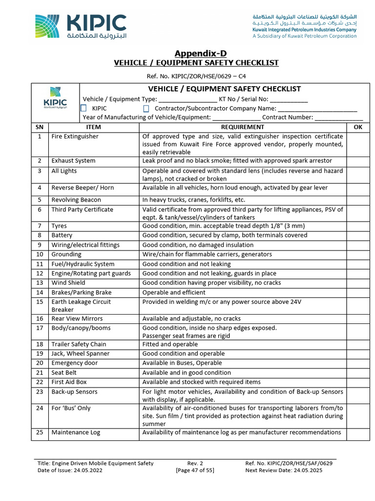 VEHICLE -EQUIPMENT SAFETY CHECKLIST | PDF | Vehicles | Bus