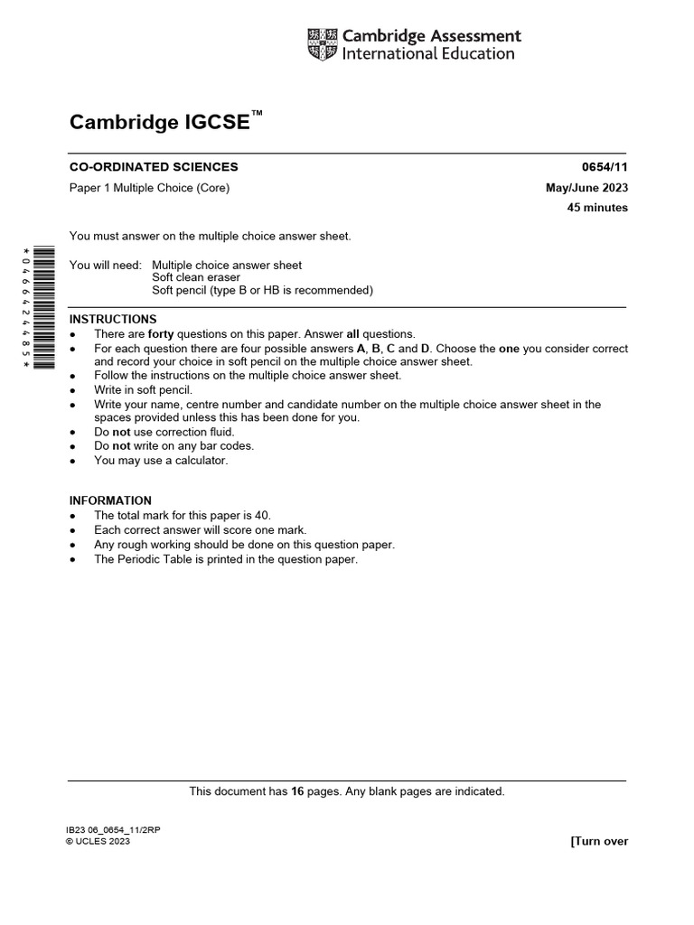 Cambridge IGCSE: Co-Ordinated Sciences 0654/11 | PDF | Chemical ...