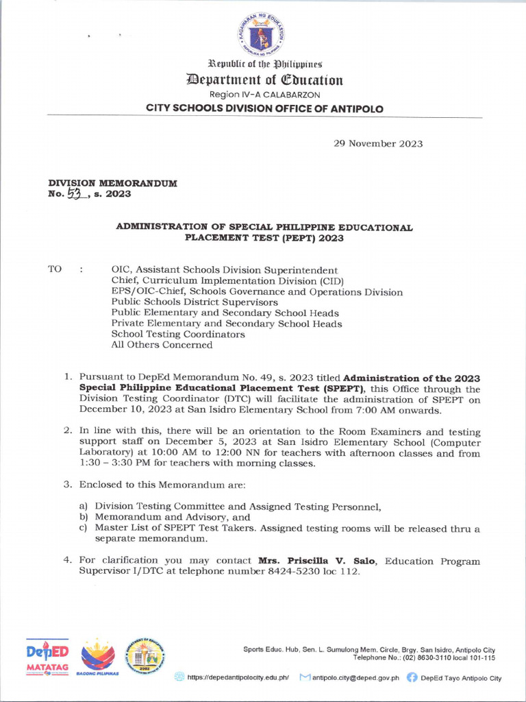 DM-53 S2023 ADMINISTRATION OF SPECIAL PHILIPPINE EDUCATIONAL PLACEMENT ...