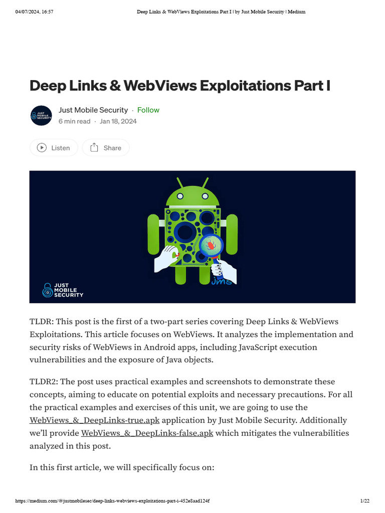 Deep Links & WebViews Exploitations Part I - by Just Mobile Security - Medium | PDF | Security ...