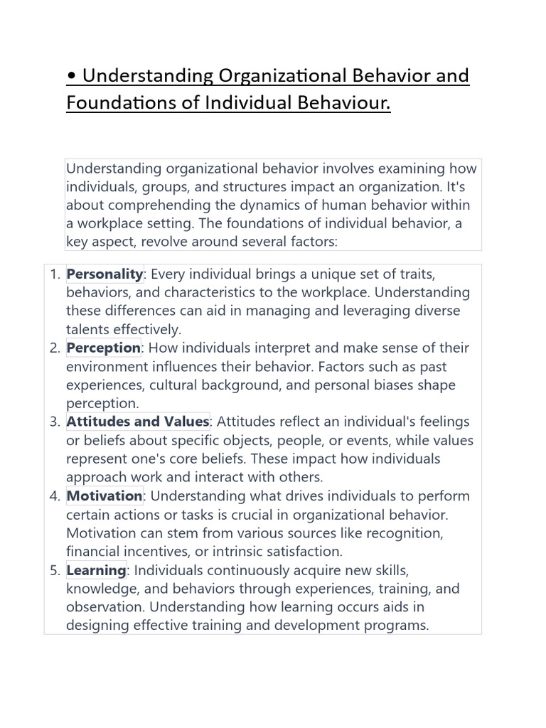 Understanding Organizational Behavior and Foundations of Individual Behaviour | PDF ...