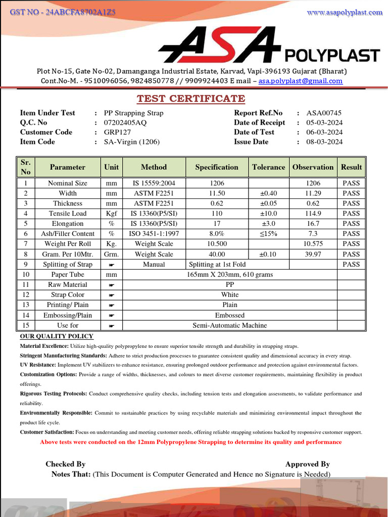 PP Strapping Test Certificate Report | PDF | Materials