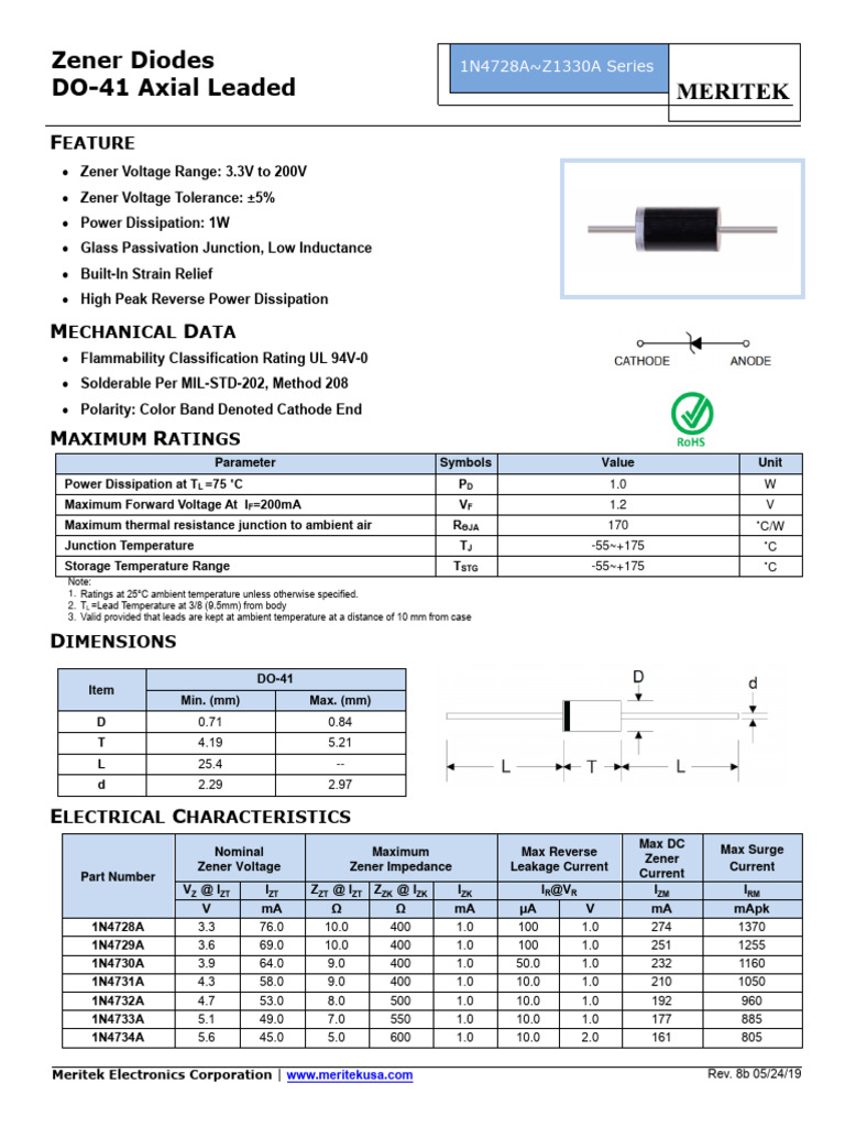 Zener Diodes 1N4728A Z1330A Series DO 41 Axial Leaded | PDF | Diode ...