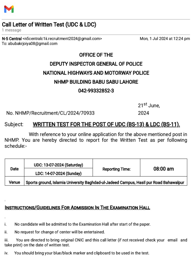 Gmail - Call Letter of Written Test (UDC & LDC) | PDF | Finance & Money ...