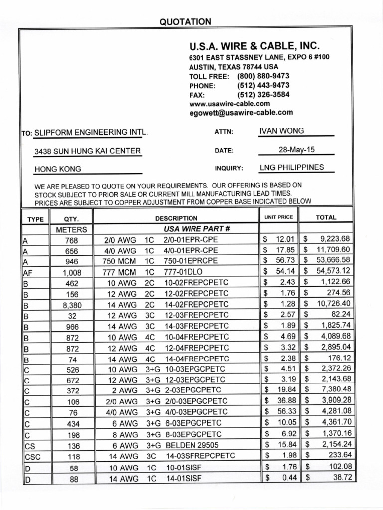 (Final Quotation) USA Wire & Cable 29-5-2015 | PDF