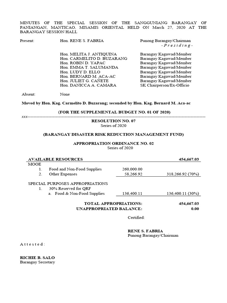 Resolution No. 07-2020 (2020 Supplemental Budget No. 1-5% Calamity) | PDF
