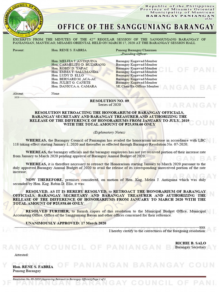 Resolution No. 09-2020 (Approving Retroact To BOs) | PDF