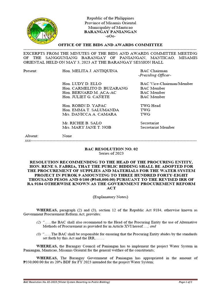 BAC Resolution for Water System Bidding | PDF | Public Law | Governance