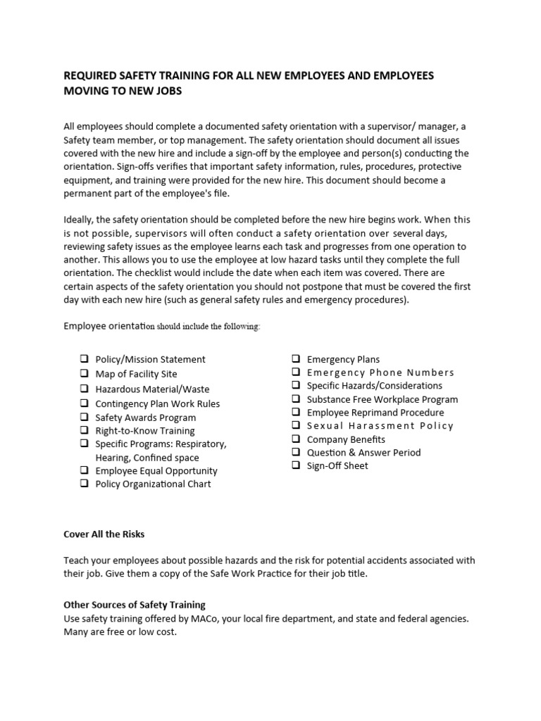 New Employee Safety Orientation Checklist | PDF | Occupational Safety ...
