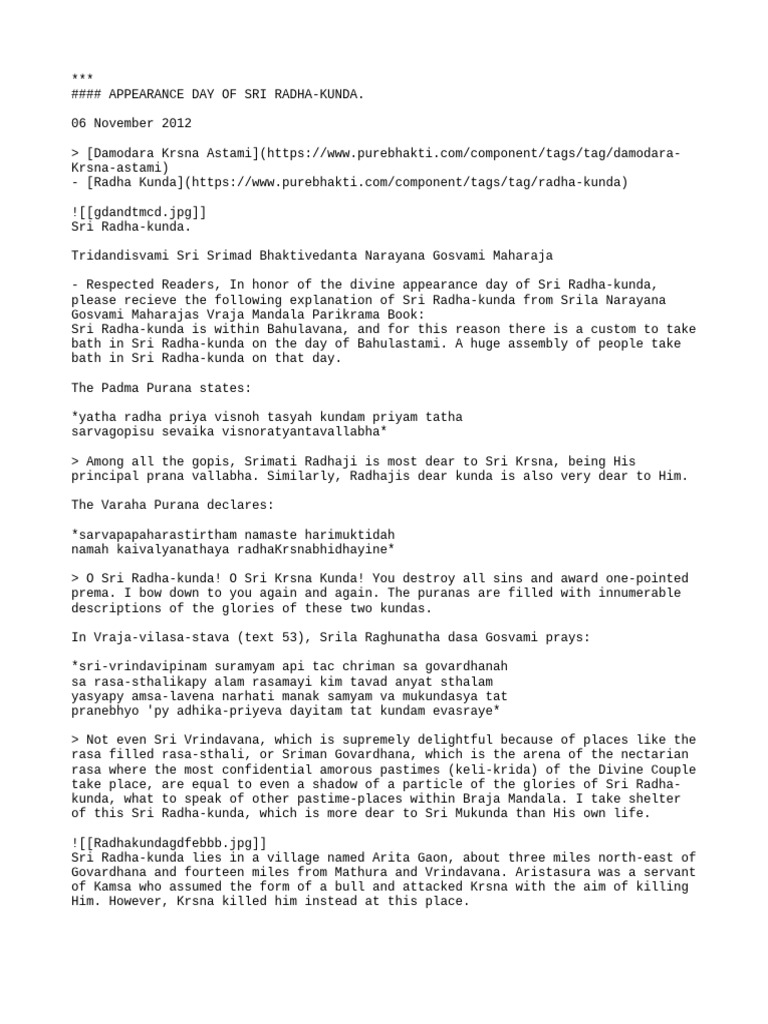 06 Nov-Appearance Day of Sri Radha-Kunda | PDF | Krishna | Hinduism