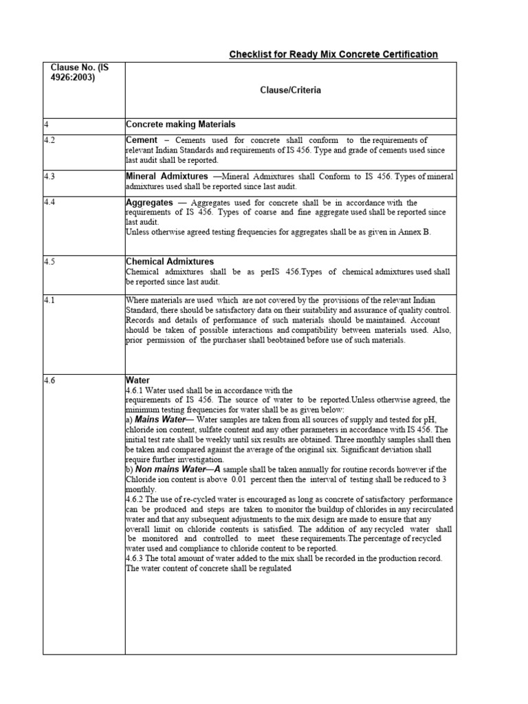 Checklist - For - RMC Is 4926 2003 | PDF | Concrete | Cement