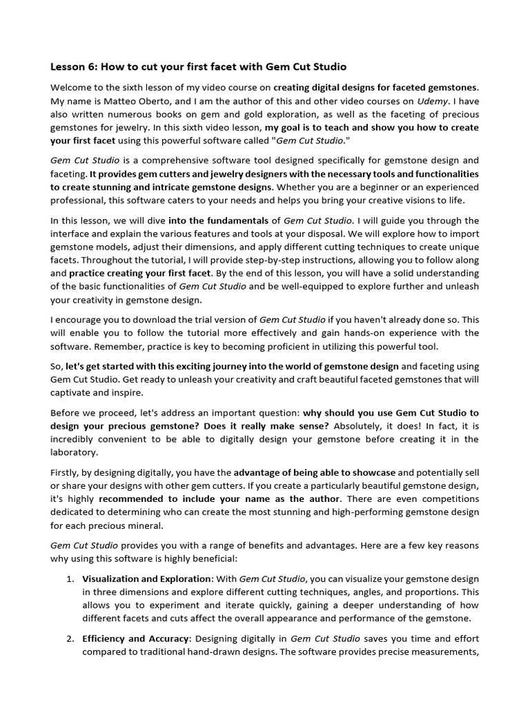 2.1 Lesson 6 How To Cut Your First Facet With Gem Cut Studio | PDF ...