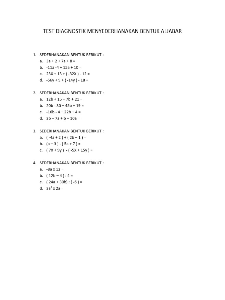 8 Test Diagnostik Menyederhanakan Bentuk Aljabar | PDF | Metode & Bahan ...