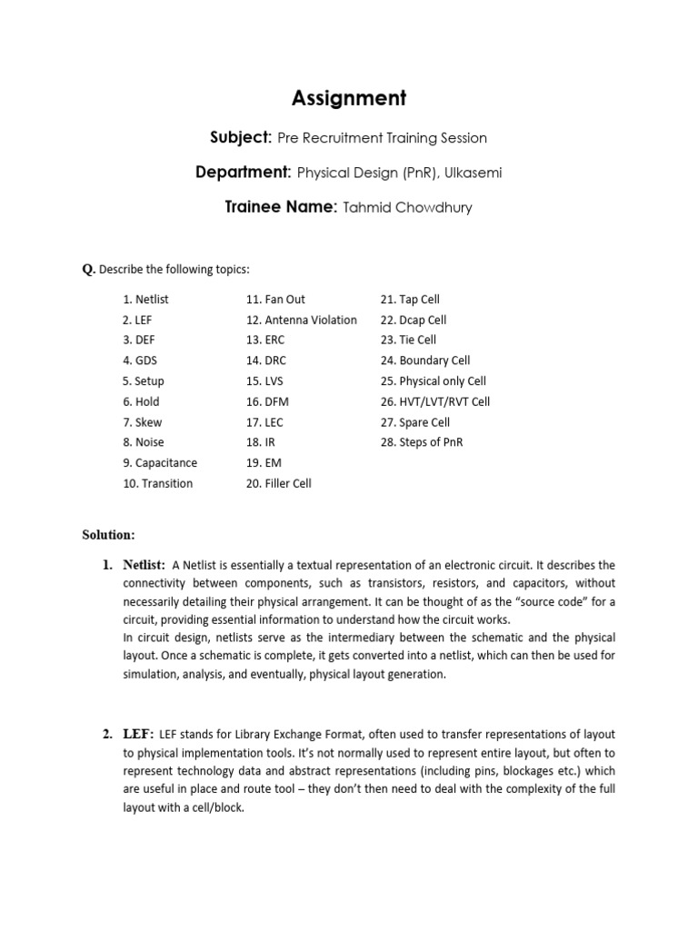 Assignment for IC PD (PnR) Pre Recruitment Training 2024 | Download Free PDF | Logic Gate ...