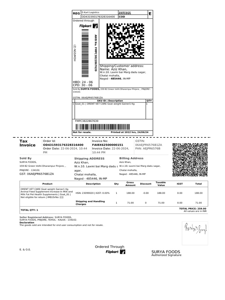 Goat Weight Gainer Invoice - Surya Foods | PDF | Public Finance | Trade