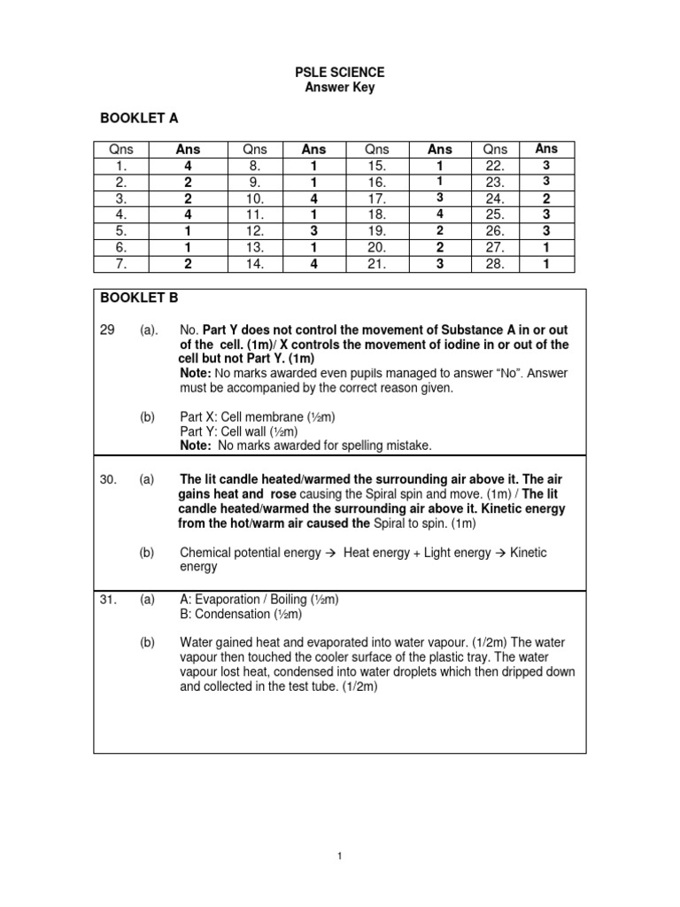 PSLE 2018 Science Answer Key | PDF | Water | Plants