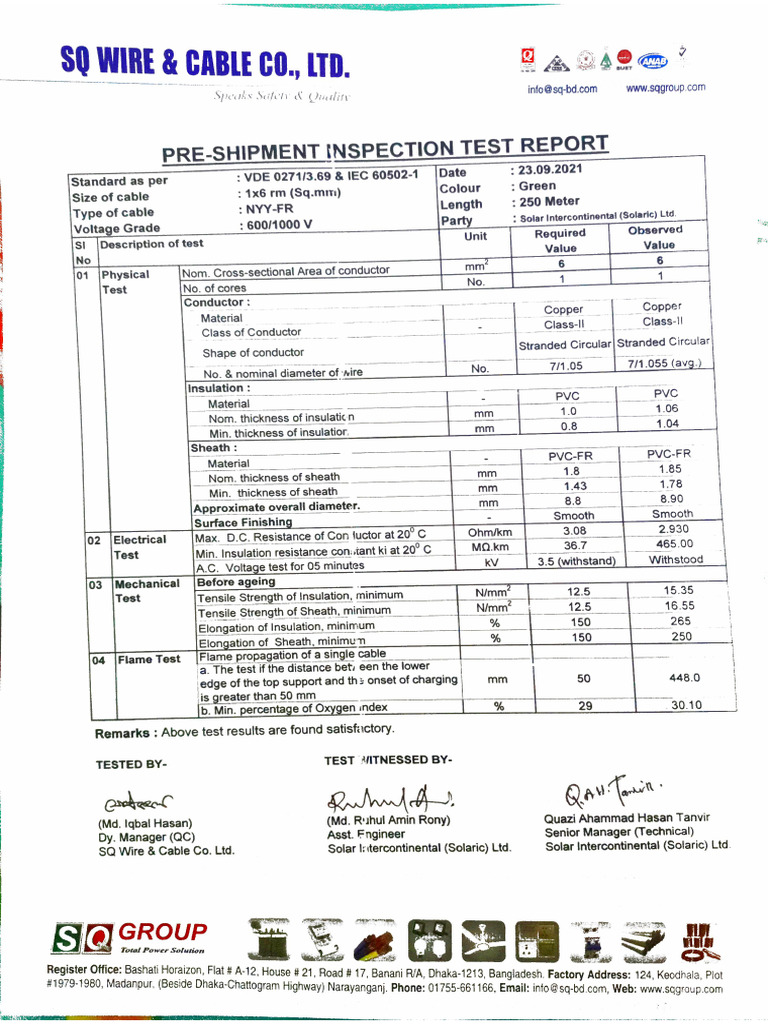 SQ cables test report | PDF