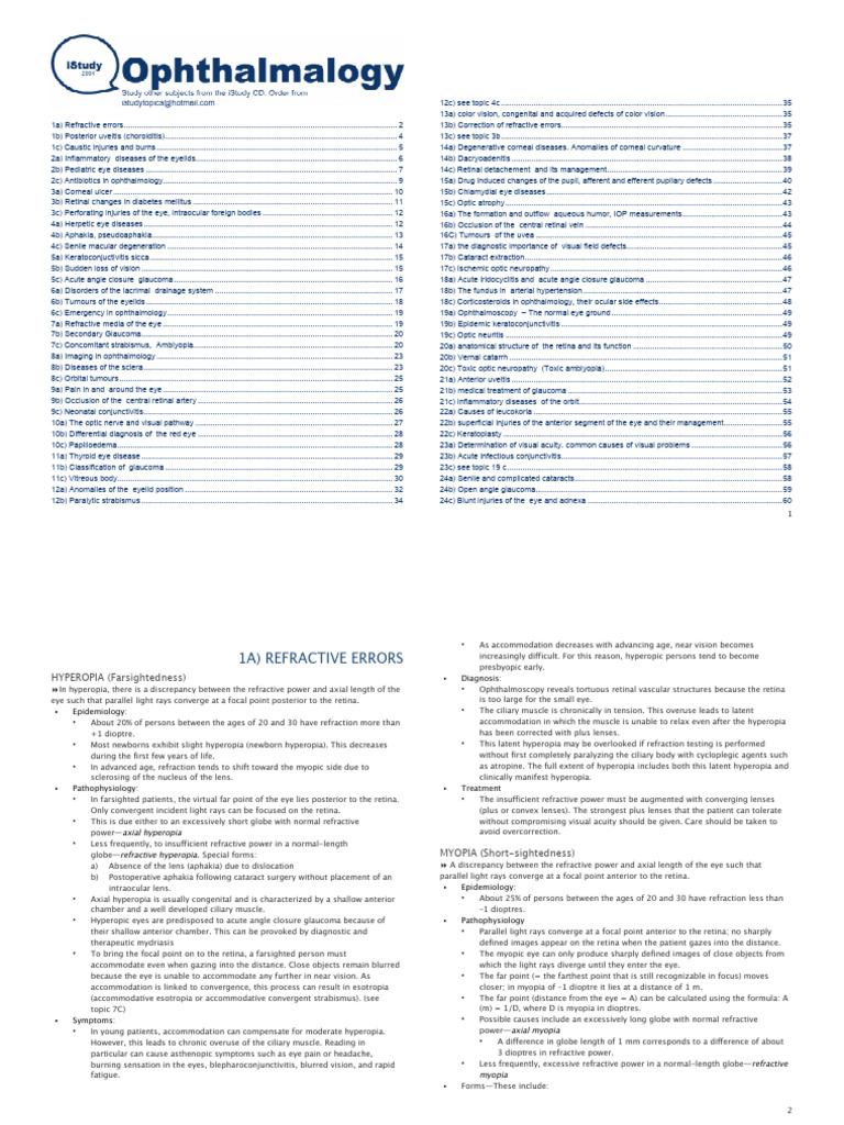 Ophtalmology I Study | PDF | Myopia | Cornea