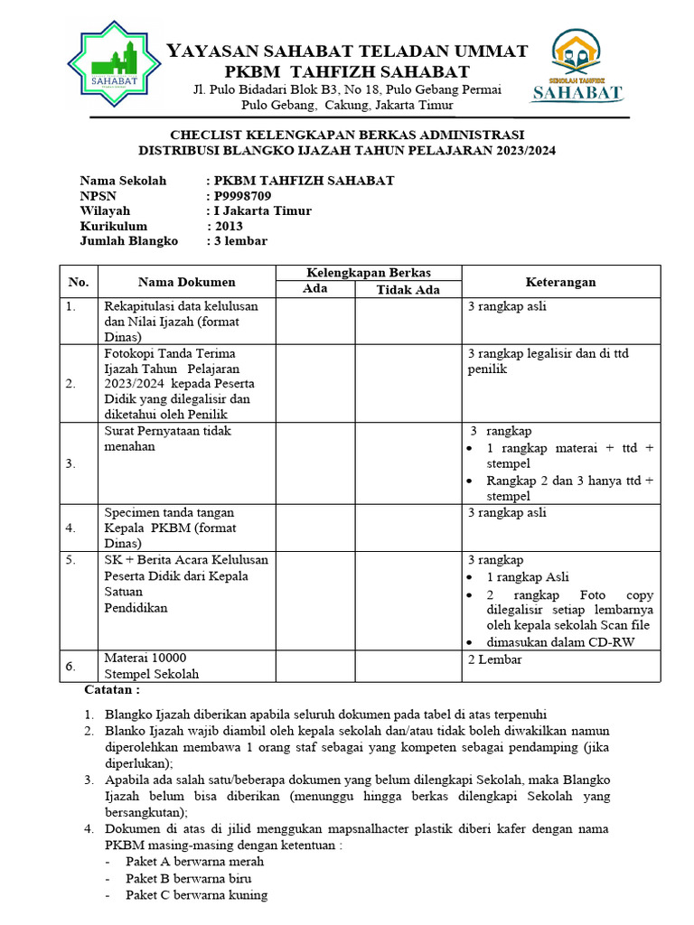 Checklist Kelengkapan Berkas Administrasi | PDF