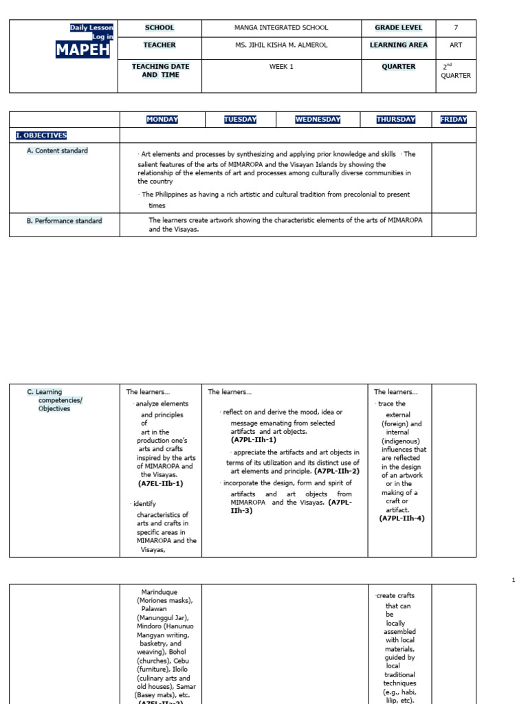 Q2 Grade 7 Arts DLL Week 1 | PDF | The Arts