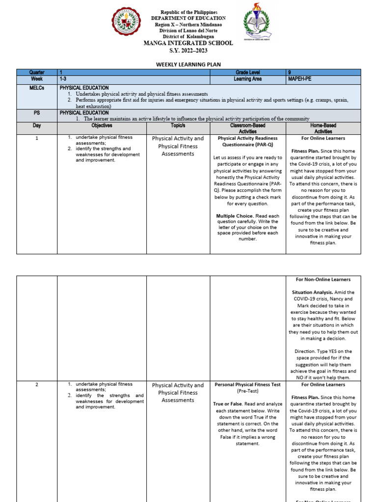 GRADE 9 PE week 1 | Download Free PDF | Physical Fitness | Learning