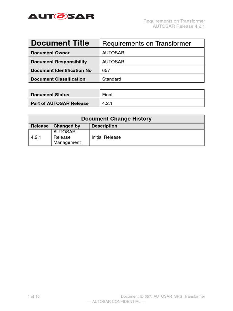 Autosar Srs Transformer Pdf Specification Technical Standard
