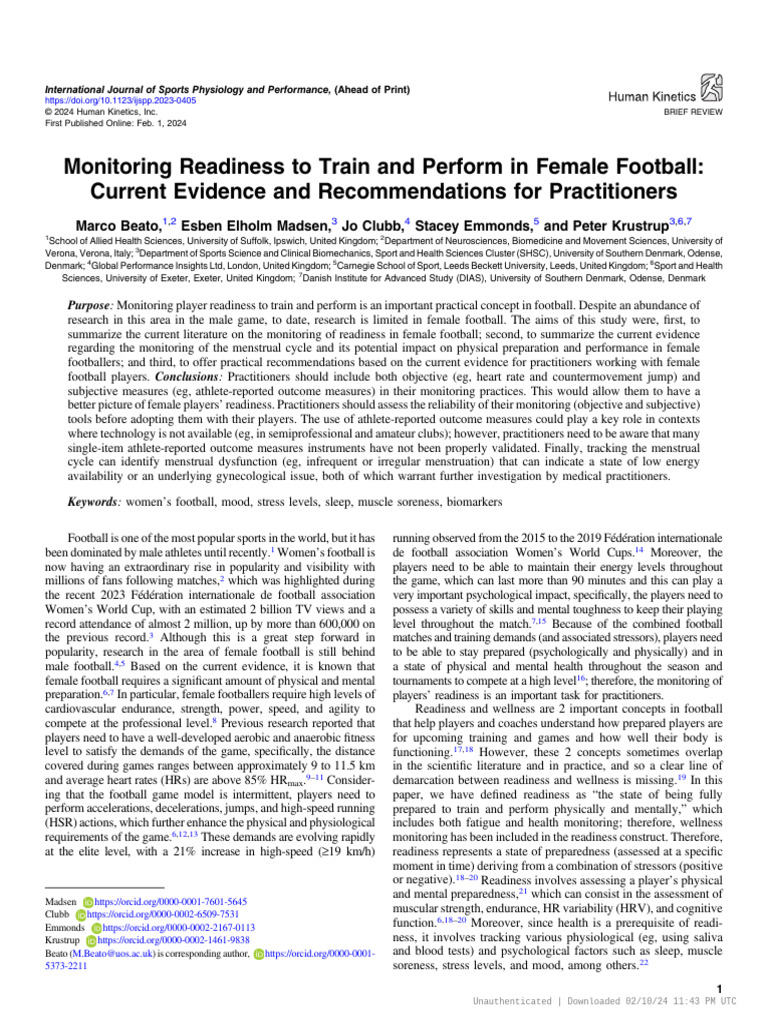 Monitoring Readiness To Train and Perform in Female Football | PDF ...