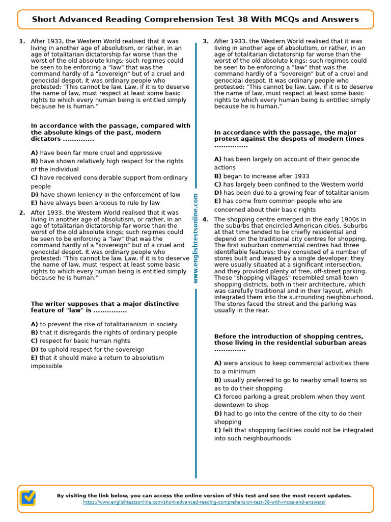 881 - Short Advanced Reading Comprehension Test 38 With Mcqs and ...