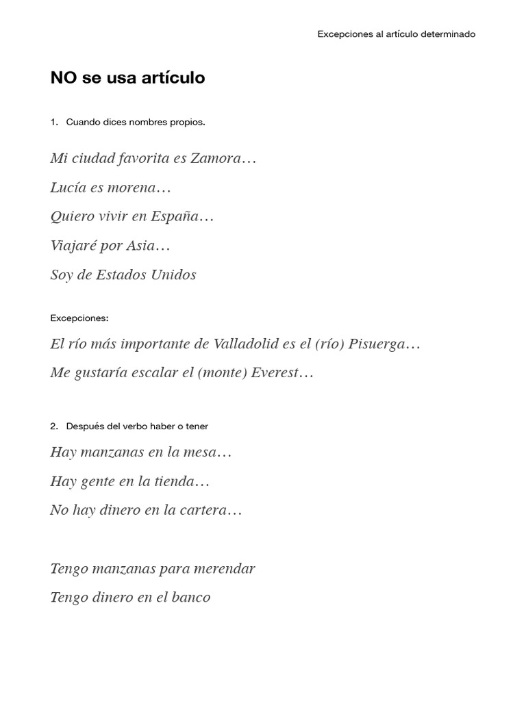 Excepciones Al Artículo Español | PDF